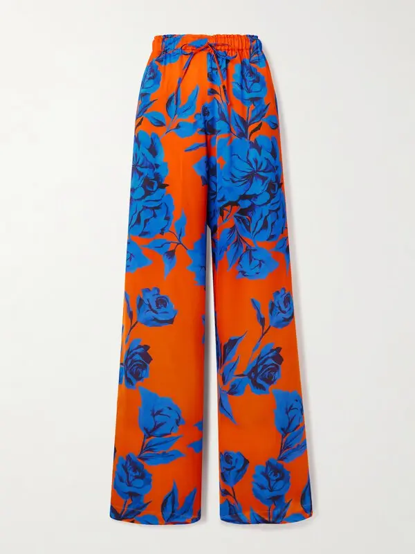 AZ FACTORY Floral-print Satin Wide-leg Pants - Orange
