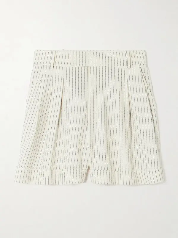 FRAME Pleated Pinstriped Cotton-blend Drill Shorts
