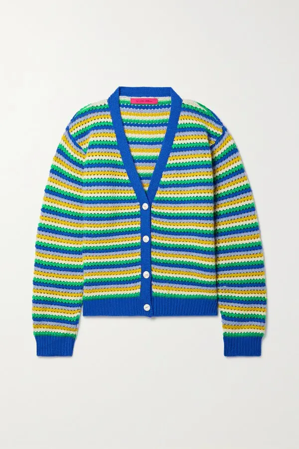 THE ELDER STATESMAN Striped Open-knit Cashmere Cardigan - Blue