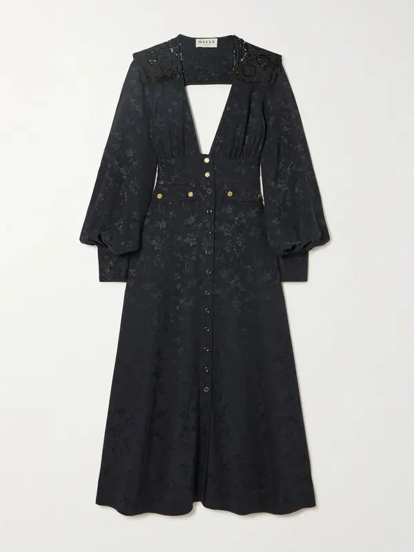 Maison Mayle Nerina Guipure Lace-trimmed Silk-jacquard Midi Dress - Black