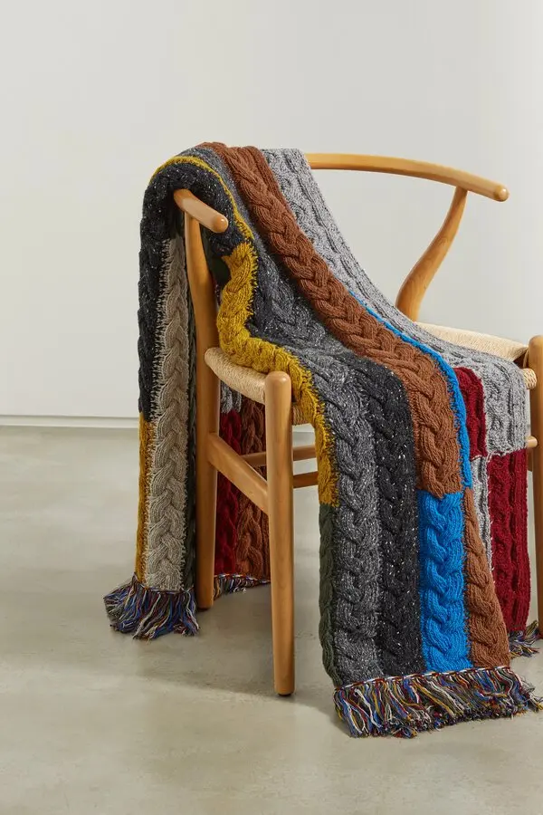 Alanui Tierra Del Fuego Fringed Striped Cable-knit Wool And Cashmere-blend Blanket - Yellow