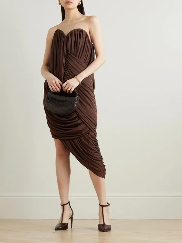 Loewe Strapless Draped Gathered Jersey Midi Dress