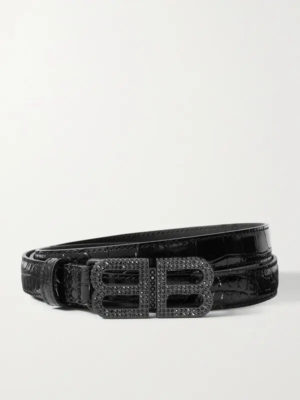 Balenciaga Bb Hourglass Crystal-embellished Croc-effect Leather Belt - Black