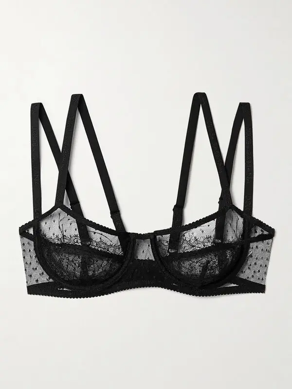 Dolce & Gabbana Polka-dot Tulle And Chantilly Lace Underwired Soft-cup Balconette Bra - Black
