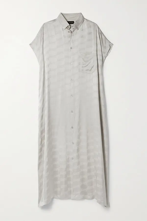 Balenciaga Oversized Frayed Satin-jacquard Midi Shirt Dress - Gray
