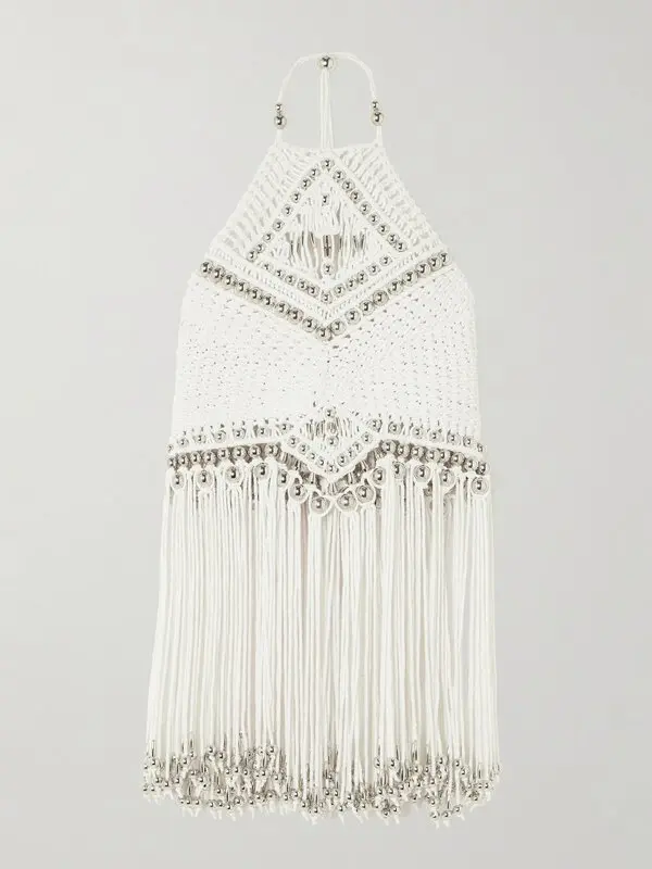 Rabanne Fringed Embellished Macramé Halterneck Top - White