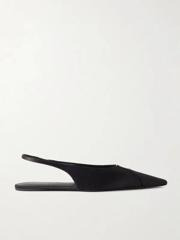 Saint Laurent Embellished Crepe Point-toe Slingback Flats - Black