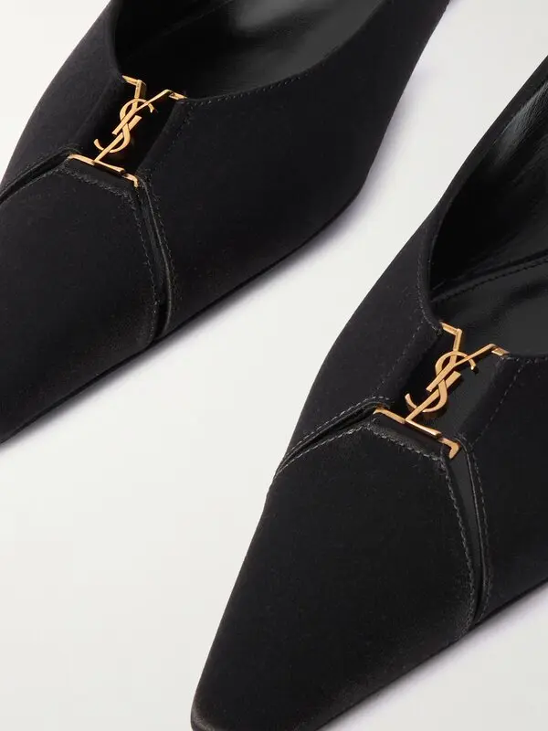 Saint Laurent Embellished Crepe Point-toe Slingback Flats - Black