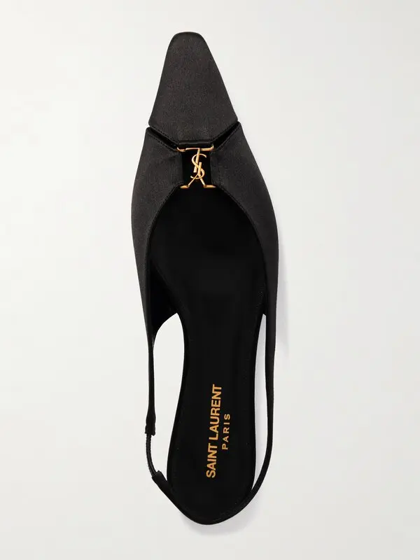 Saint Laurent Embellished Crepe Point-toe Slingback Flats - Black