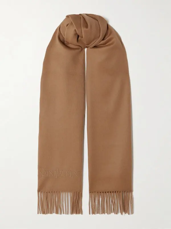 Saint Laurent Fringed Embroidered Cashmere Scarf - Brown