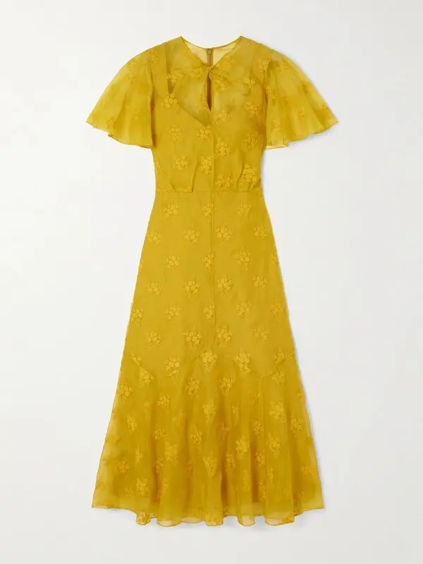 Erdem Twist-front Paneled Embroidered Silk-organza Midi Dress - Yellow