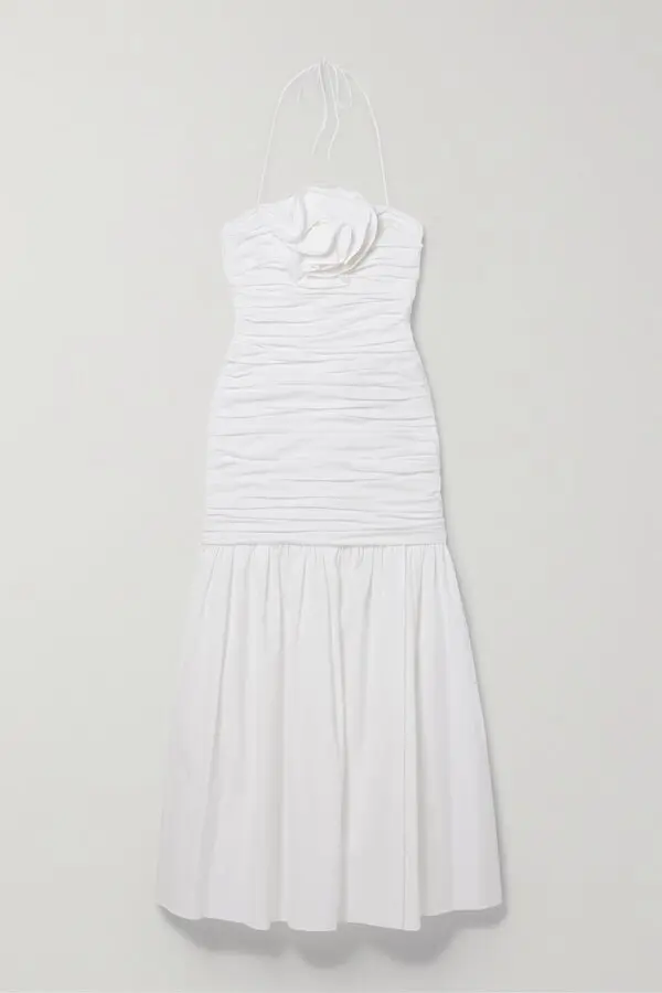 Carolina Herrera Ruched Appliquéd Cotton-blend Poplin Midi Dress - White