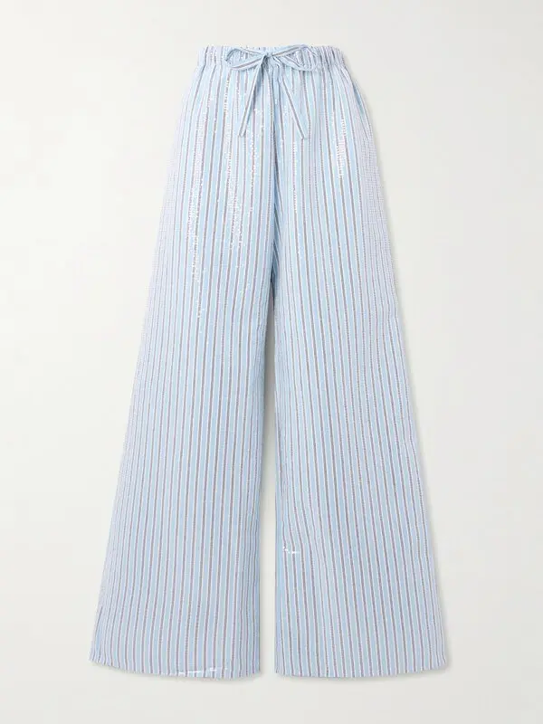 AZ FACTORY Lutz Huelle Candra Sequined Striped Cotton-voile Wide-leg Pants - White