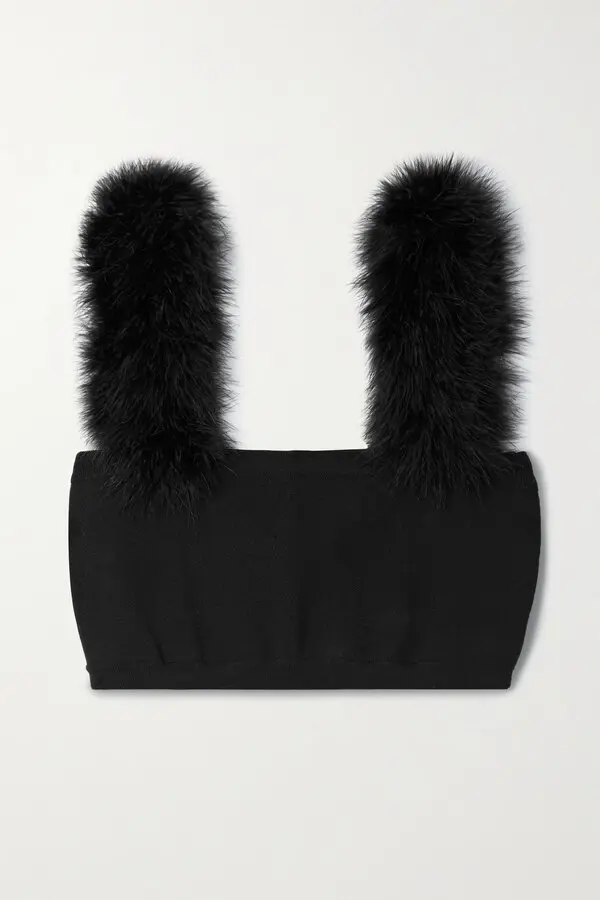 Magda Butrym Cropped Feather-trimmed Knit Top - Black