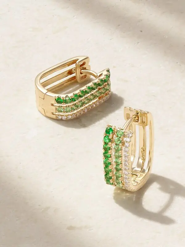 ROXANNE FIRST Triple 14-karat Gold, Garnet And Diamond Hoop Earrings - Green
