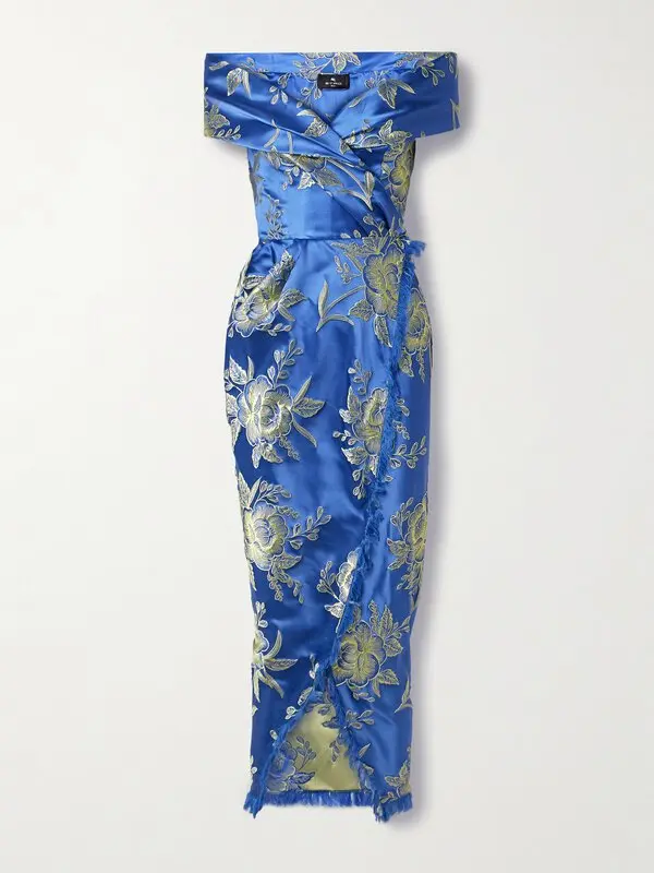 Etro Off-the-shoulder Fringed Floral-brocade Midi Wrap Dress - Blue