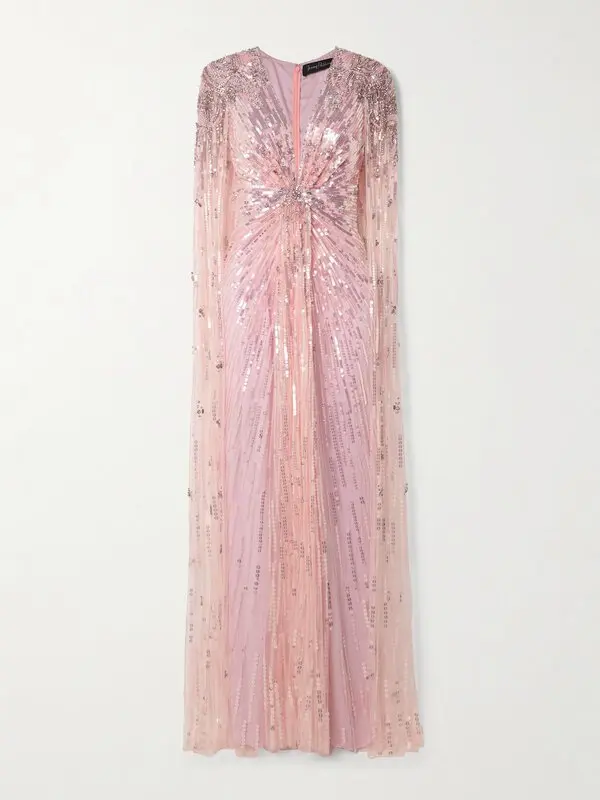 Jenny Packham Gold Rush Embellished Cape-effect Tulle Gown