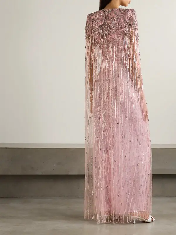 Jenny Packham Gold Rush Embellished Cape-effect Tulle Gown