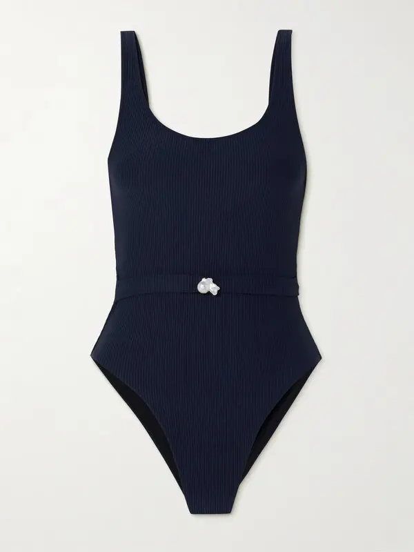 SARA CRISTINA Olympic Pearl-embellished Ribbed Swimsuit - Blue