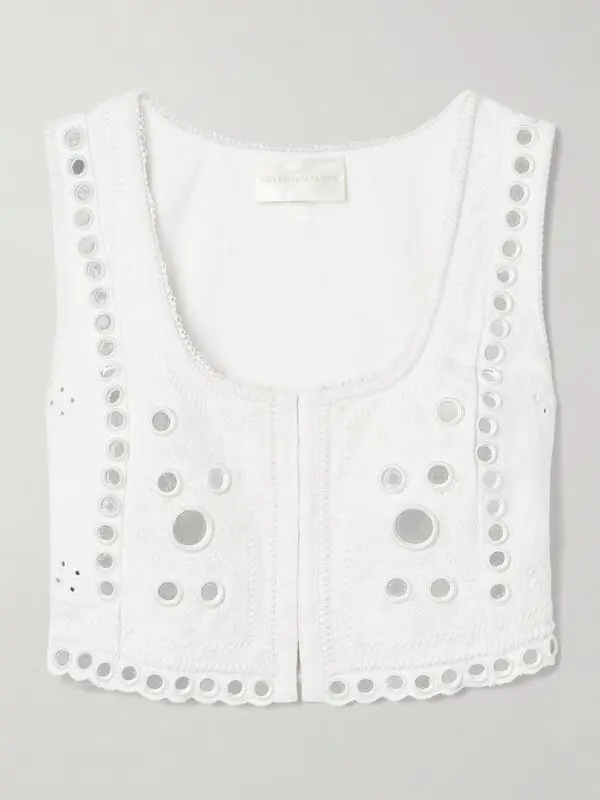 LoveShackFancy Cayman Cropped Embroidered Linen Top - White