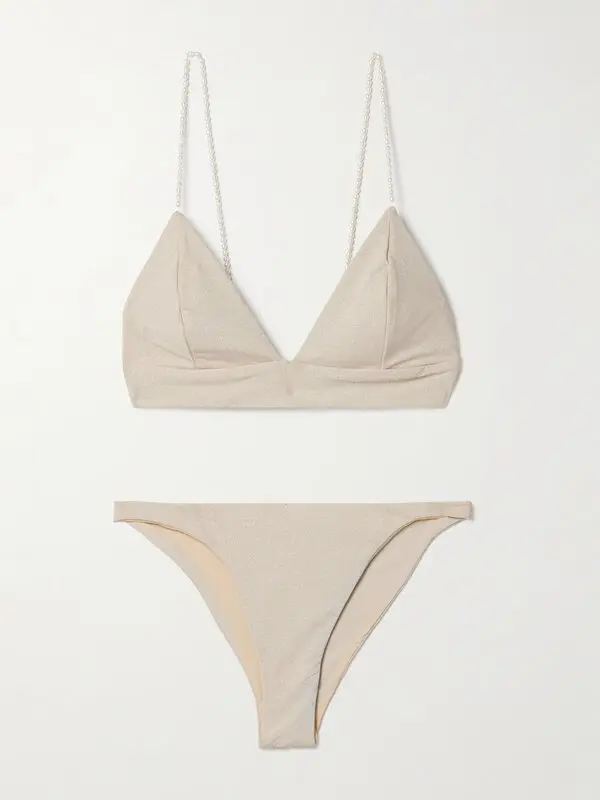 SARA CRISTINA Pearl-embellished Metallic Bikini - Gold