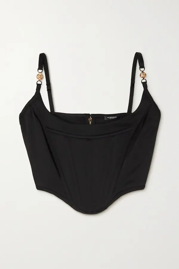 Versace Icons Cropped Embellished Satin Bustier Top - Black