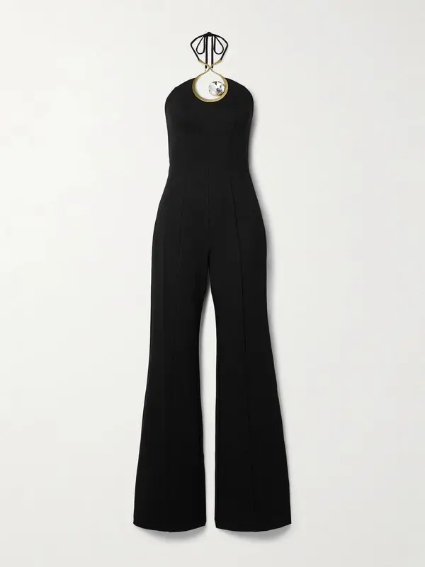 AREA Embellished Jersey Halterneck Jumpsuit - Black