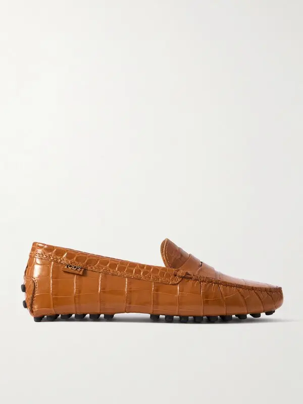 TOD'S Gommino Croc-effect Leather Loafers - Brown