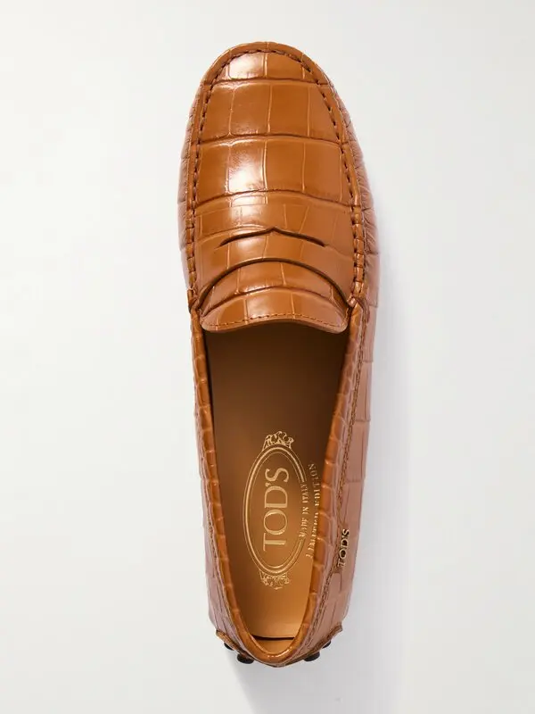 TOD'S Gommino Croc-effect Leather Loafers - Brown