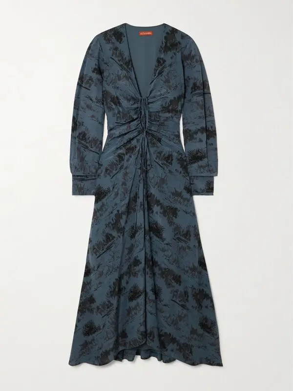 Altuzarra Mila Ruched Printed Silk-crepe Midi Dress - Blue
