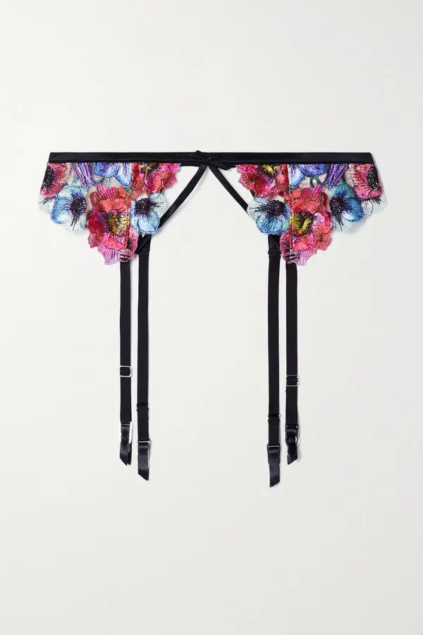 FLEUR DU MAL Tuileries Embroidered Tulle Suspender Belt - Red