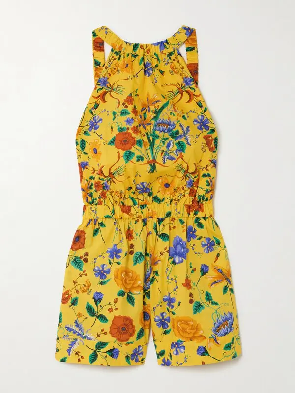 Cara Cara Colomba Tie-detailed Floral-print Cotton-poplin Playsuit - Yellow