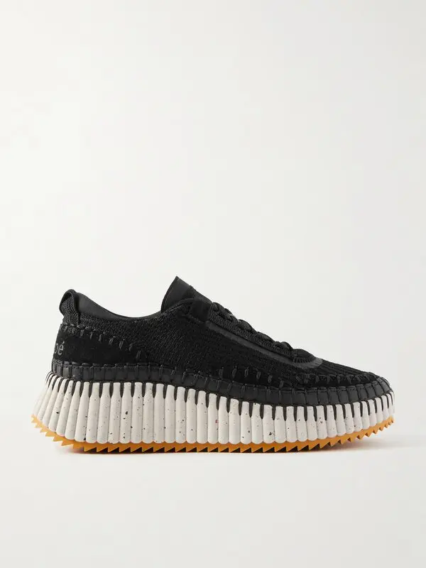 Chloé Nama Embroidered Suede And Recycled-mesh Sneakers - Black