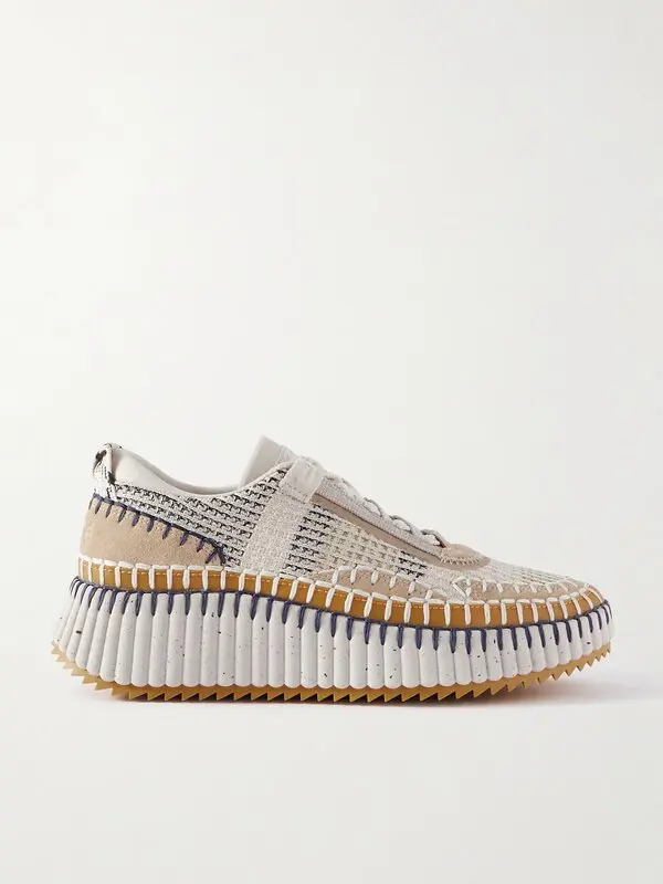 Chloé Nama Embroidered Suede And Recycled-mesh Sneakers - Neutrals