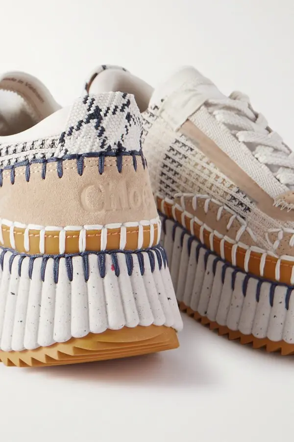 Chloé Nama Embroidered Suede And Recycled-mesh Sneakers - Neutrals