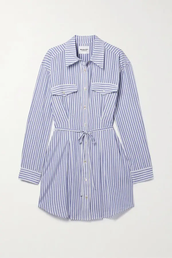 MARANT ETOILE Liliane Belted Striped Mini Shirt Dress - Blue
