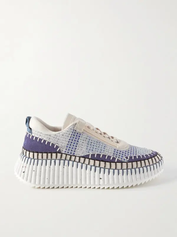Chloé Nama Embroidered Recycled-mesh And Suede Sneakers - Blue