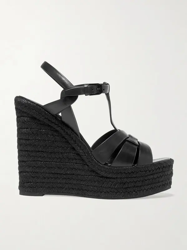 Saint Laurent Tribute Woven Leather Espadrille Wedge Sandals - Black