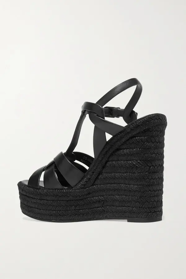 Saint Laurent Tribute Woven Leather Espadrille Wedge Sandals - Black