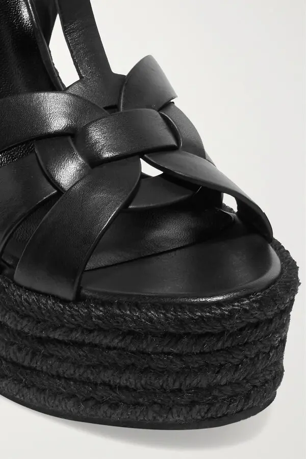 Saint Laurent Tribute Woven Leather Espadrille Wedge Sandals - Black