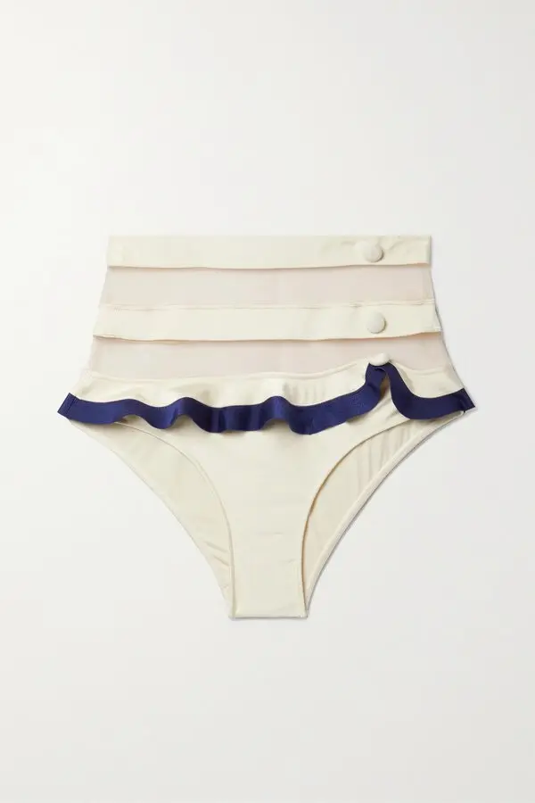 PatBO High-rise Bikini Briefs With Ruffled Tulle Trim - Ivory