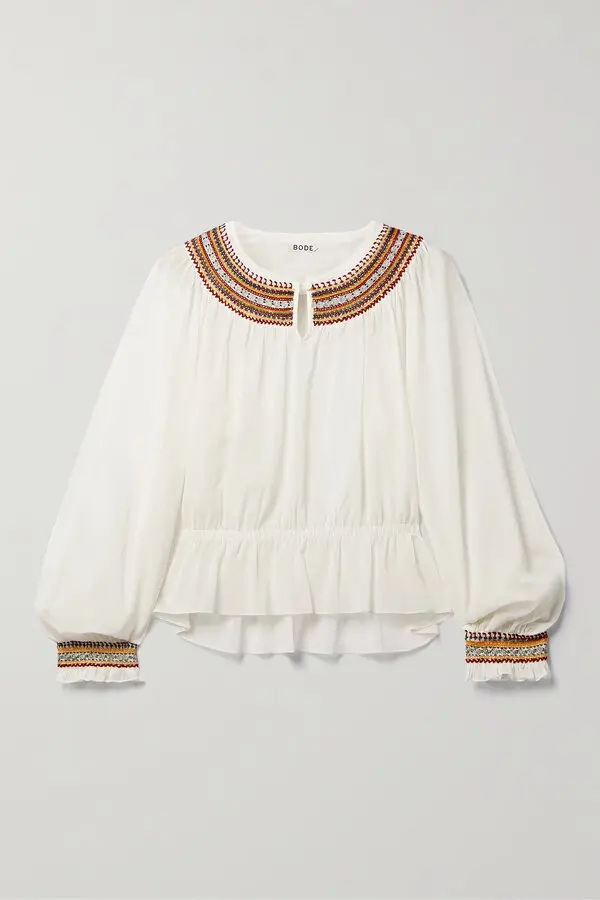 BODE Embroidered Cotton-voile Blouse With Billowy Sleeves
