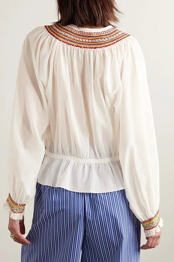 BODE Embroidered Cotton-voile Blouse With Billowy Sleeves