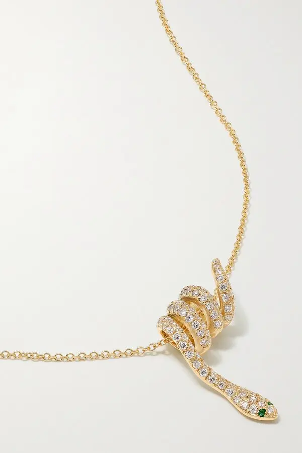 Ileana Makri Curled Snake Diamond And Tsavorite Necklace - Gold