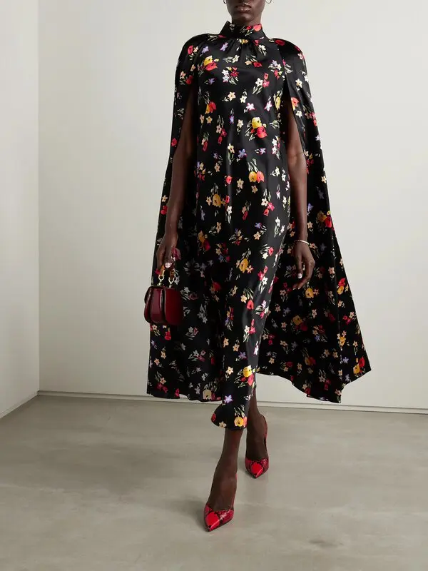 RODARTE Cape-effect Printed Silk-charmeuse Midi Dress
