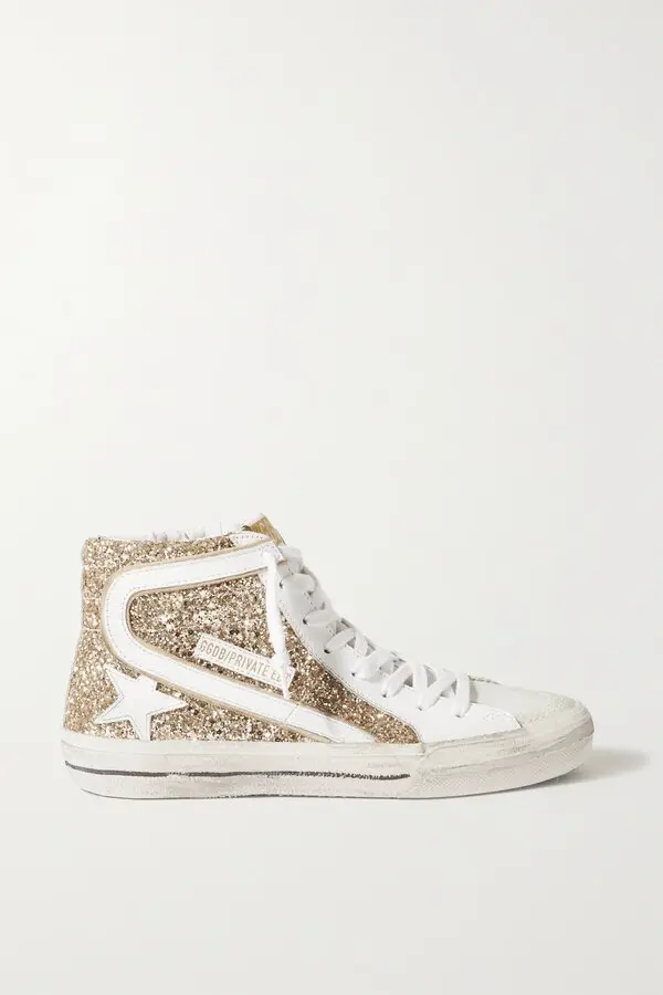 GOLDEN GOOSE Slide Distressed Glittered High-top Sneakers - White