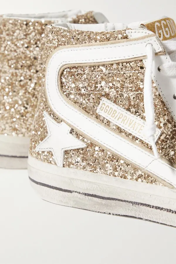 GOLDEN GOOSE Slide Distressed Glittered High-top Sneakers