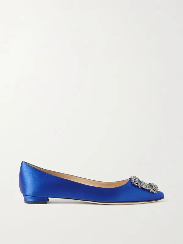 Manolo Blahnik Hangisi Crystal-embellished Satin Flats - Blue
