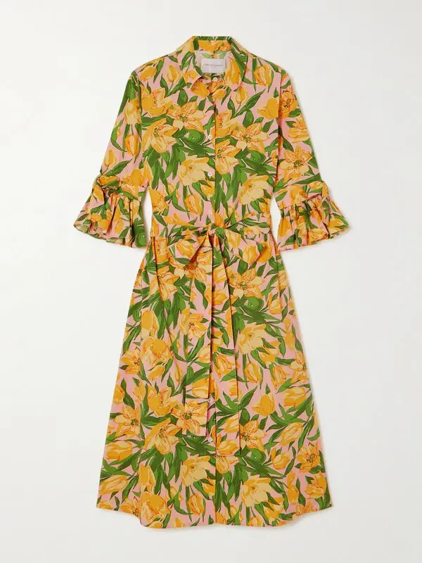 Carolina Herrera Belted Pleated Floral-print Cotton-poplin Midi Shirt Dress - Yellow