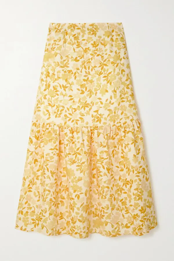Peony Net Sustain Tiered Floral-print Linen Maxi Skirt - Yellow